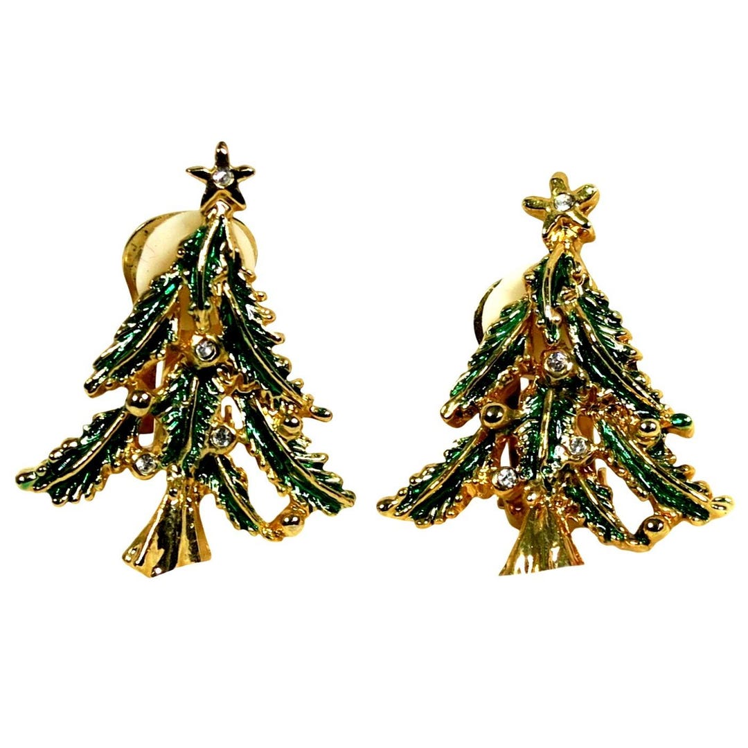1980s Roman Christmas Tree Clip-on Earrings – Gold Tone Enamel ...
