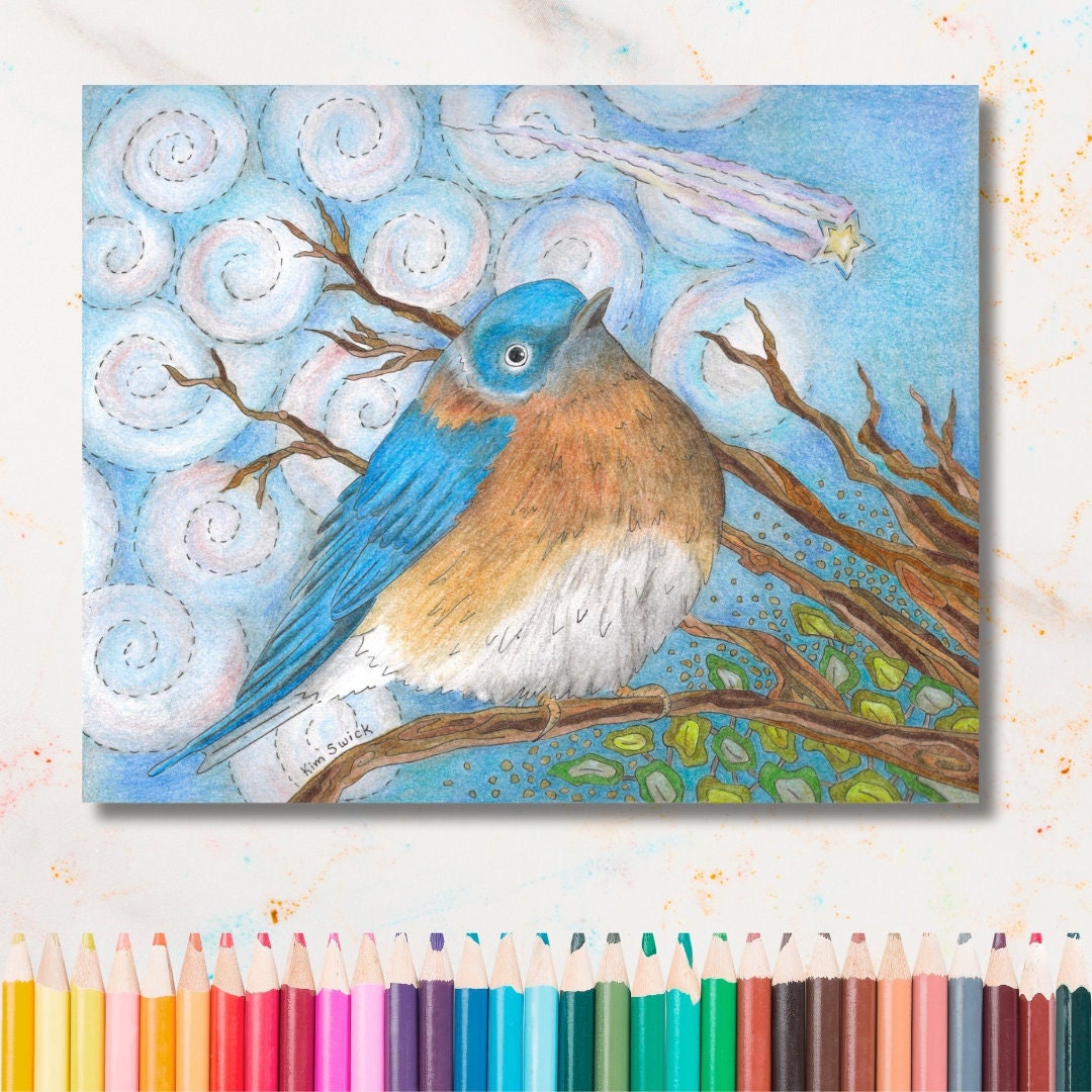 Blue Bird Drawing, Bird Design, Colored Pencil Art, Bird Pencil Art ...