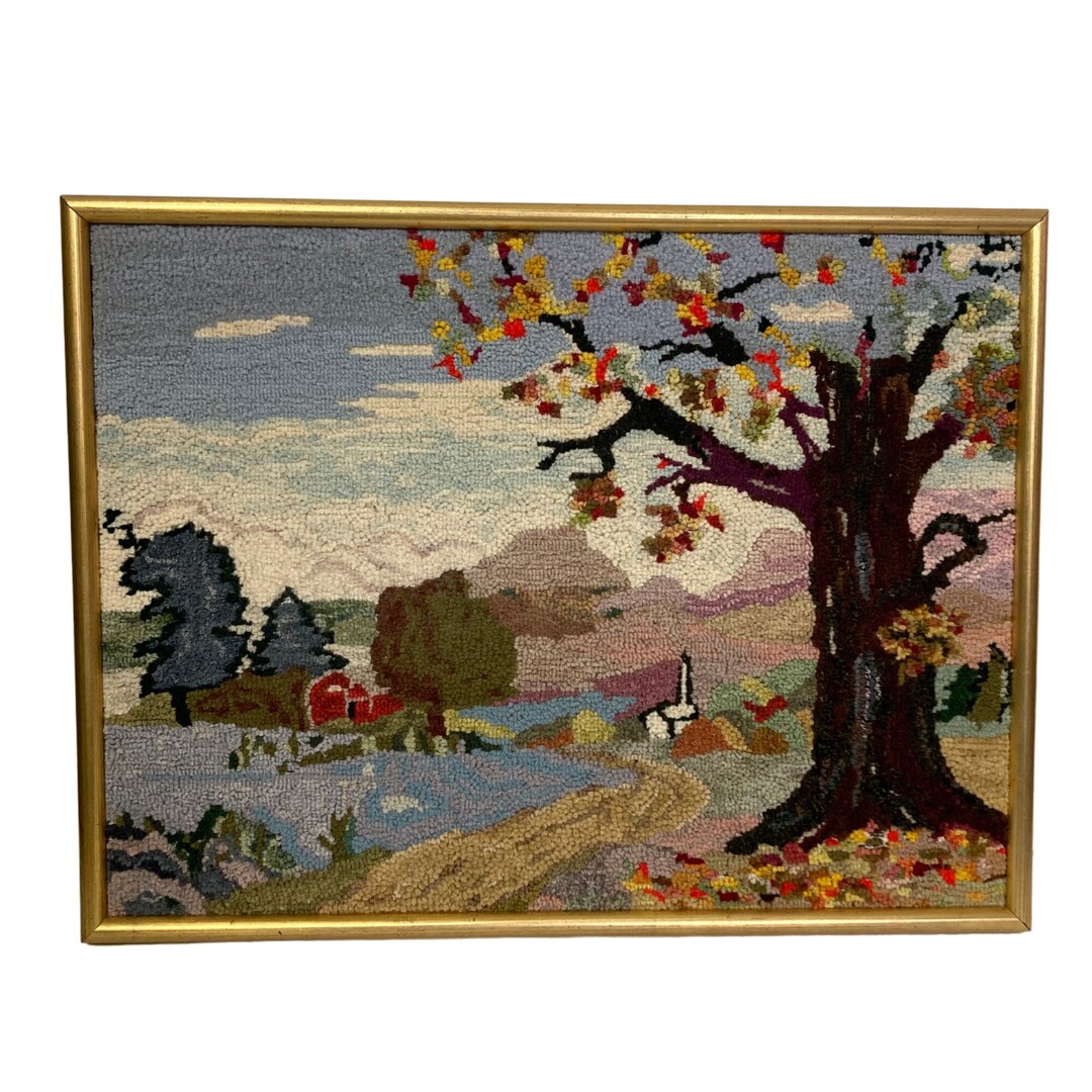 Vintage Framed Hand Hooked Rug Art Landscape Tree Church House - Etsy