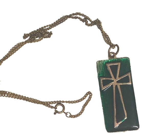 Mid Century Modern Cross Pendant Necklace Green Ename… - Gem