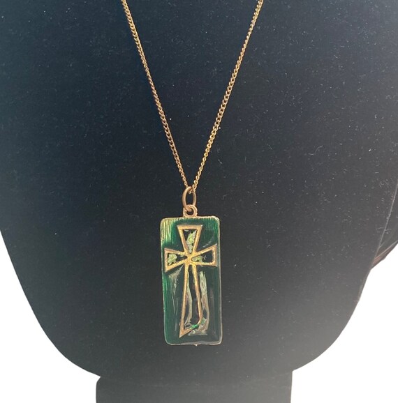 Mid Century Modern Cross Pendant Necklace Green Ename… - Gem