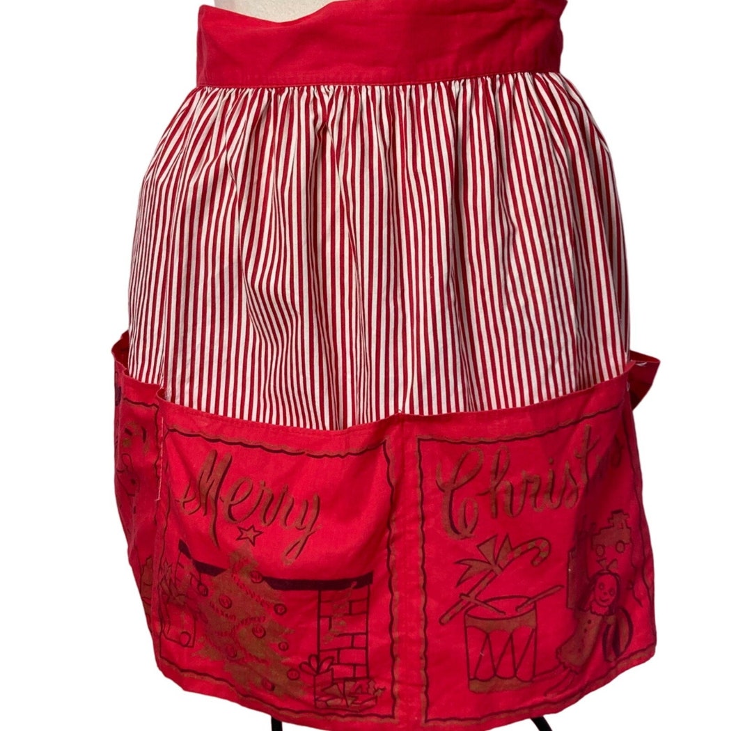 Vintage Christmas Half Apron Red White Strip Snowman Santa Toys Tree ...
