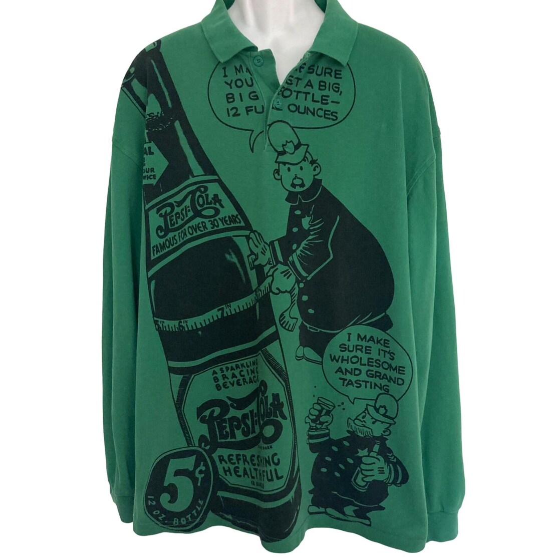 Vintage Pepsi Cola All Over Print Polo Shirt Mens 3XL Green Long Sleeve ...