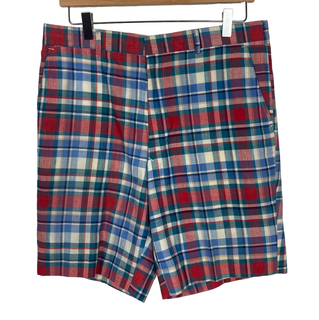 Vintage Handwoven Indian Madras Shorts Mens 34 Red Blue Plaid Cotton ...