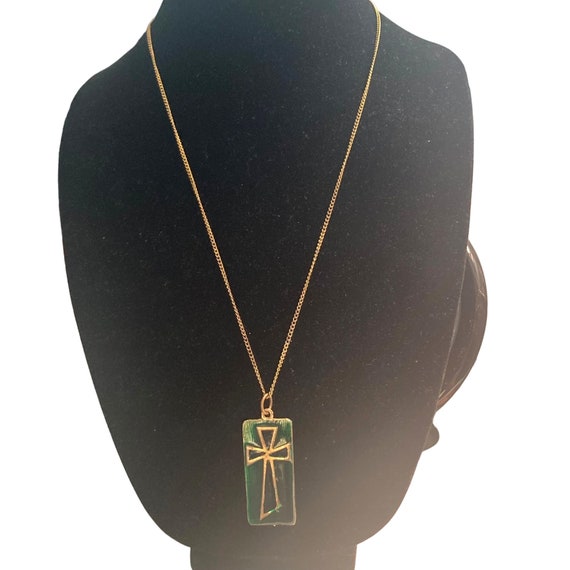 Mid Century Modern Cross Pendant Necklace Green Ename… - Gem