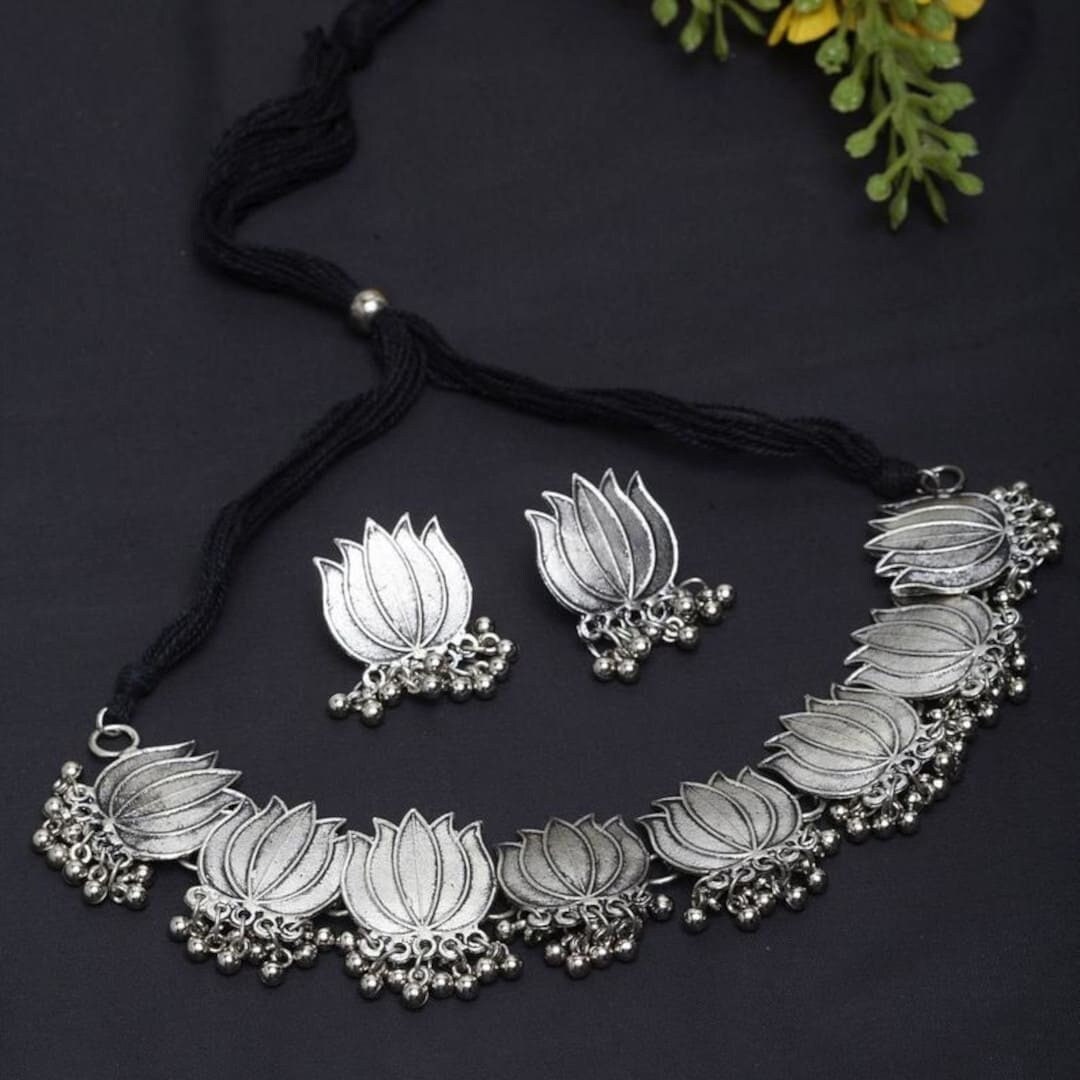 Oxidized Silver Lotus Choker Necklace Set With Earrings / German Silver ...
