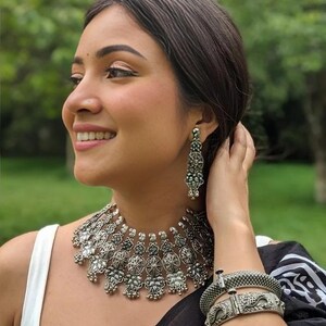 Indian Oxidized Silver Heavy Broad Statement Choker Necklace With ...
