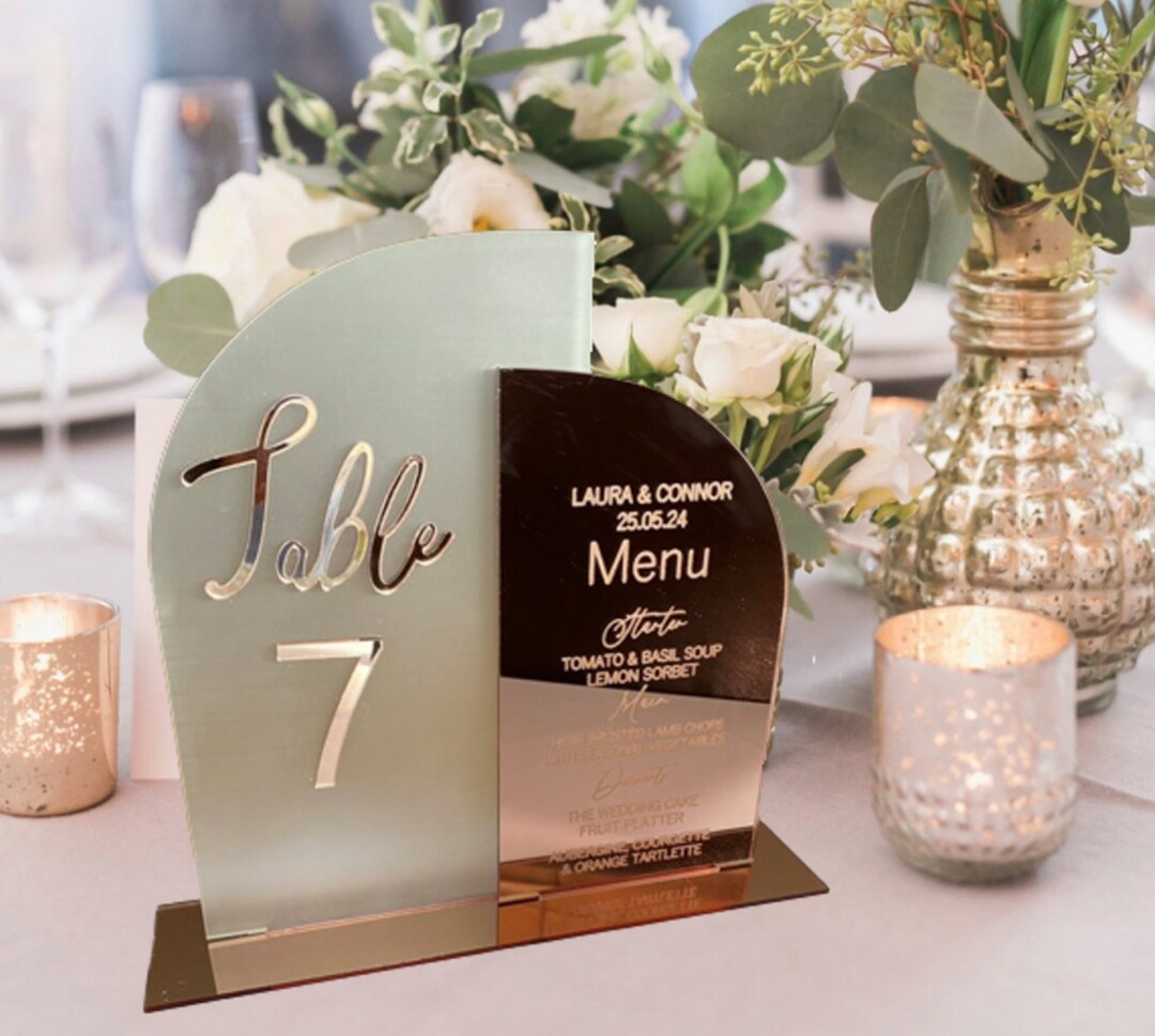 Wedding 3D Table Number & Engraved Menu With Matching Mirror Stand ...