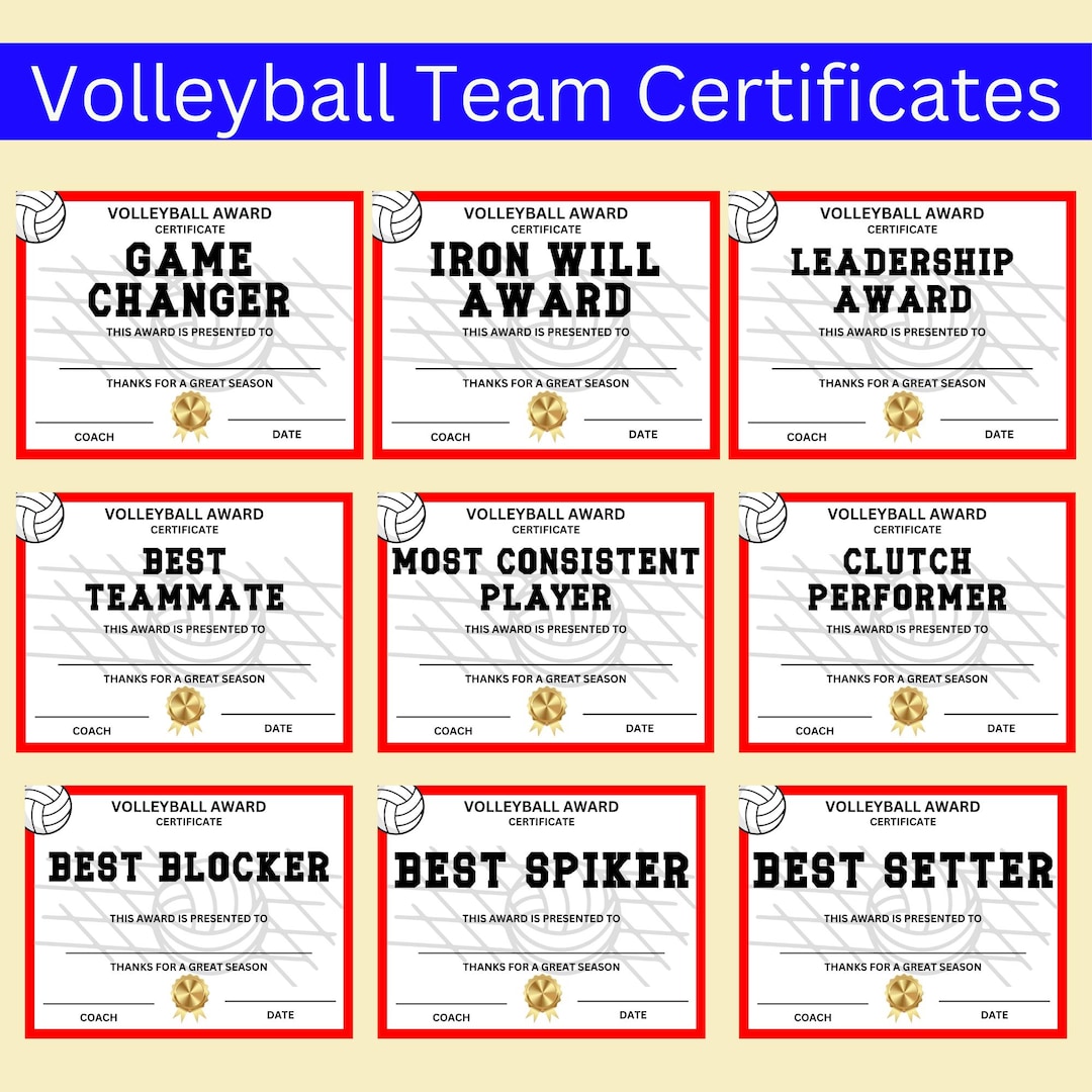 Volleyball Team Certificate Volleyball Digital Download Award ...