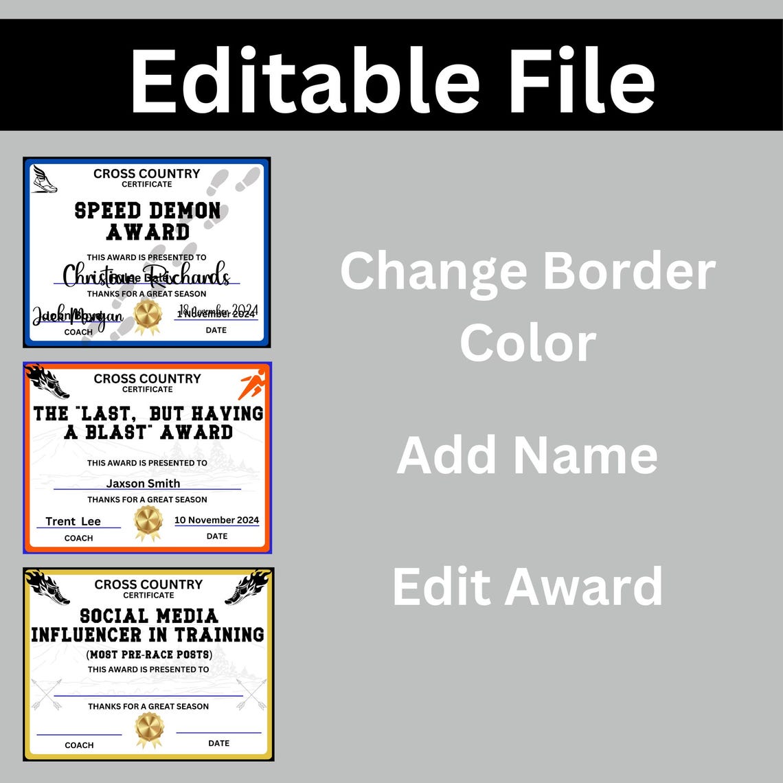 Funny Cross Country Editable Certificate Cross Country Digital Download ...