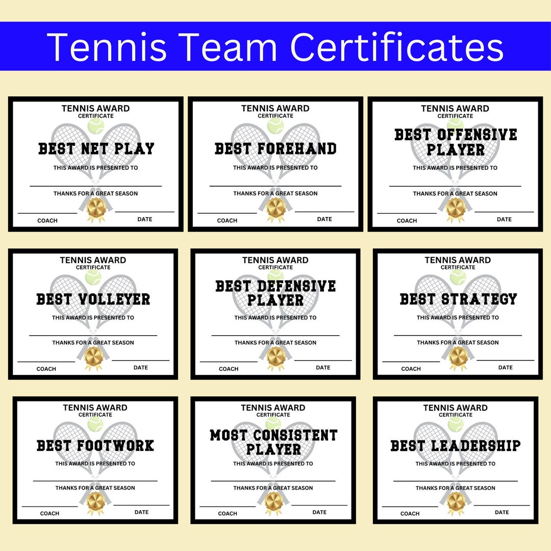 Tennis Team Certificate Tennis Digital Download Award Tennis Ceremony ...