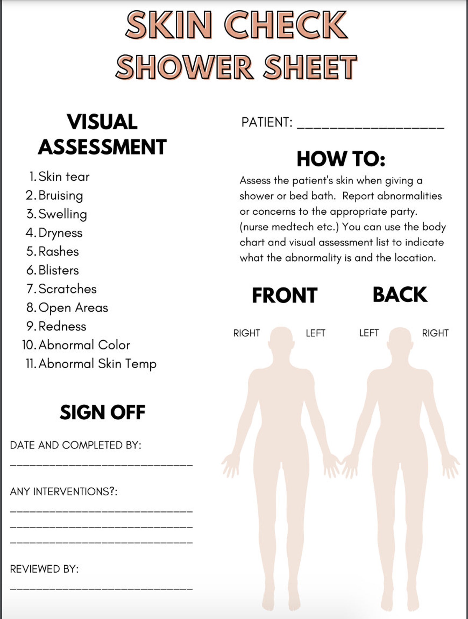 Skin and Shower Assessment Sheet, Great for New Grads, SNF/ AL and ...