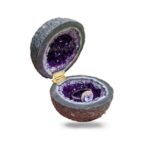 Purple Glass Crystal Engagement Ring Box , Handmade Glass Crystal Druzy ...