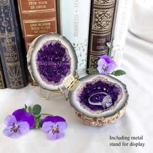 Purple Glass Crystal Engagement Ring Box , Handmade Glass Crystal Druzy ...