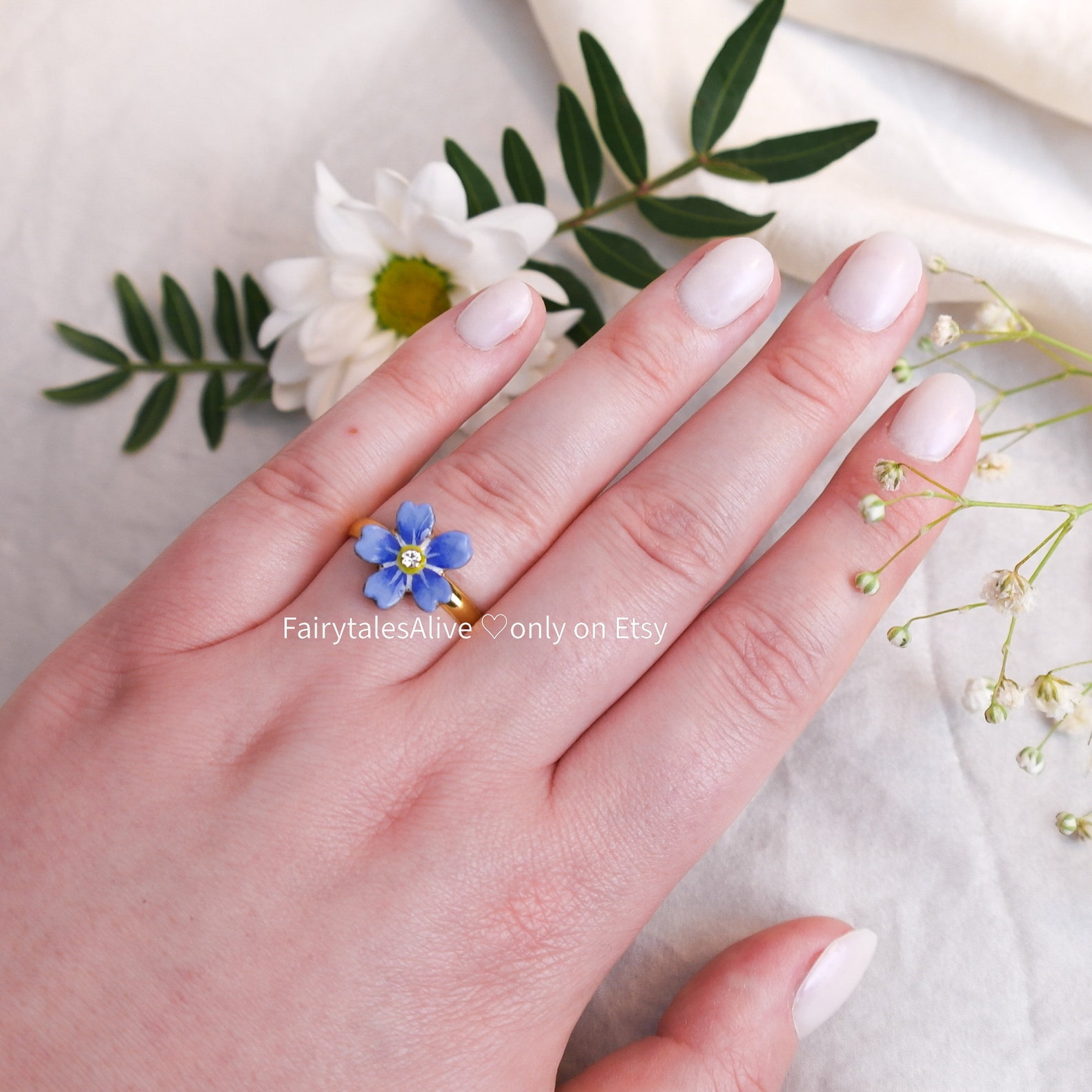 Forget-me-not Ring Handpainted Forget Me Not Flower Gold | Etsy