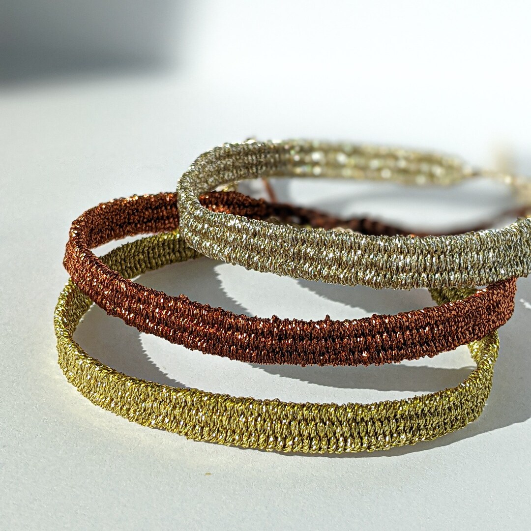 Handwoven Fabric Copper Gold Silver Bracelet, Minimalist String Textile ...