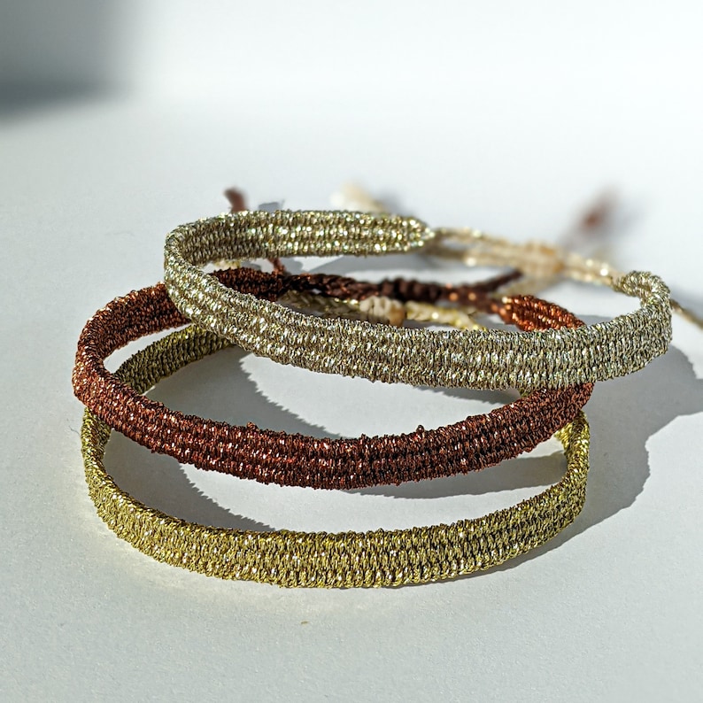 Handwoven Fabric Copper Gold Silver Bracelet, Minimalist String Textile ...