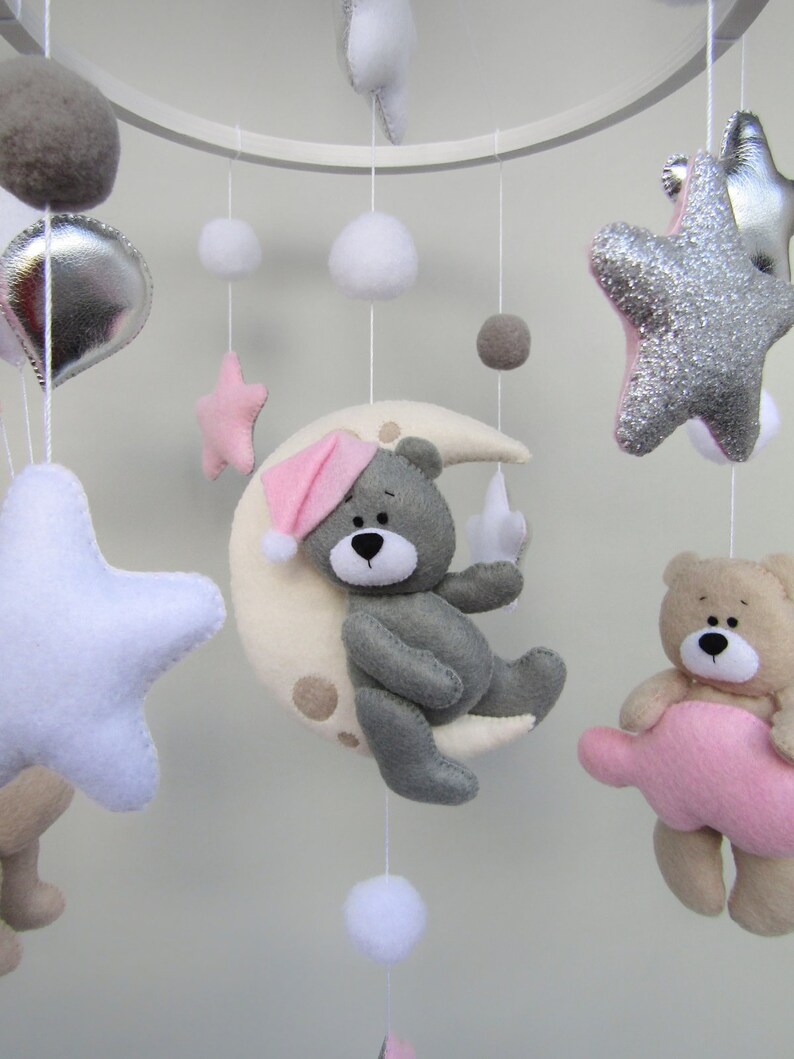 Baby girl crib mobile with bears gray and beige pink cloud | Etsy