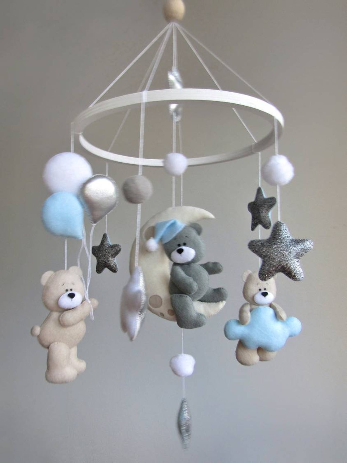 Baby boy crib mobile with bears gray and beige clouds stars | Etsy