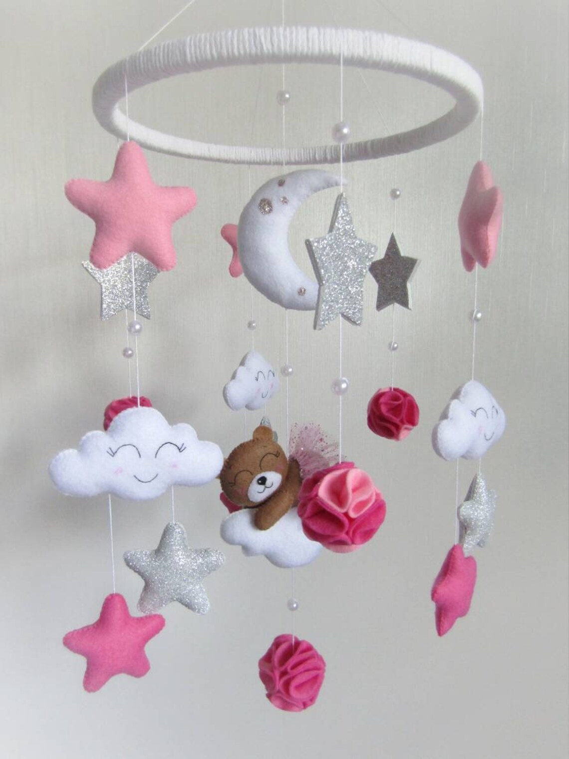 Baby Girl Crib Mobile: Felt Brown Bear, Pink Stars & Moon - Etsy