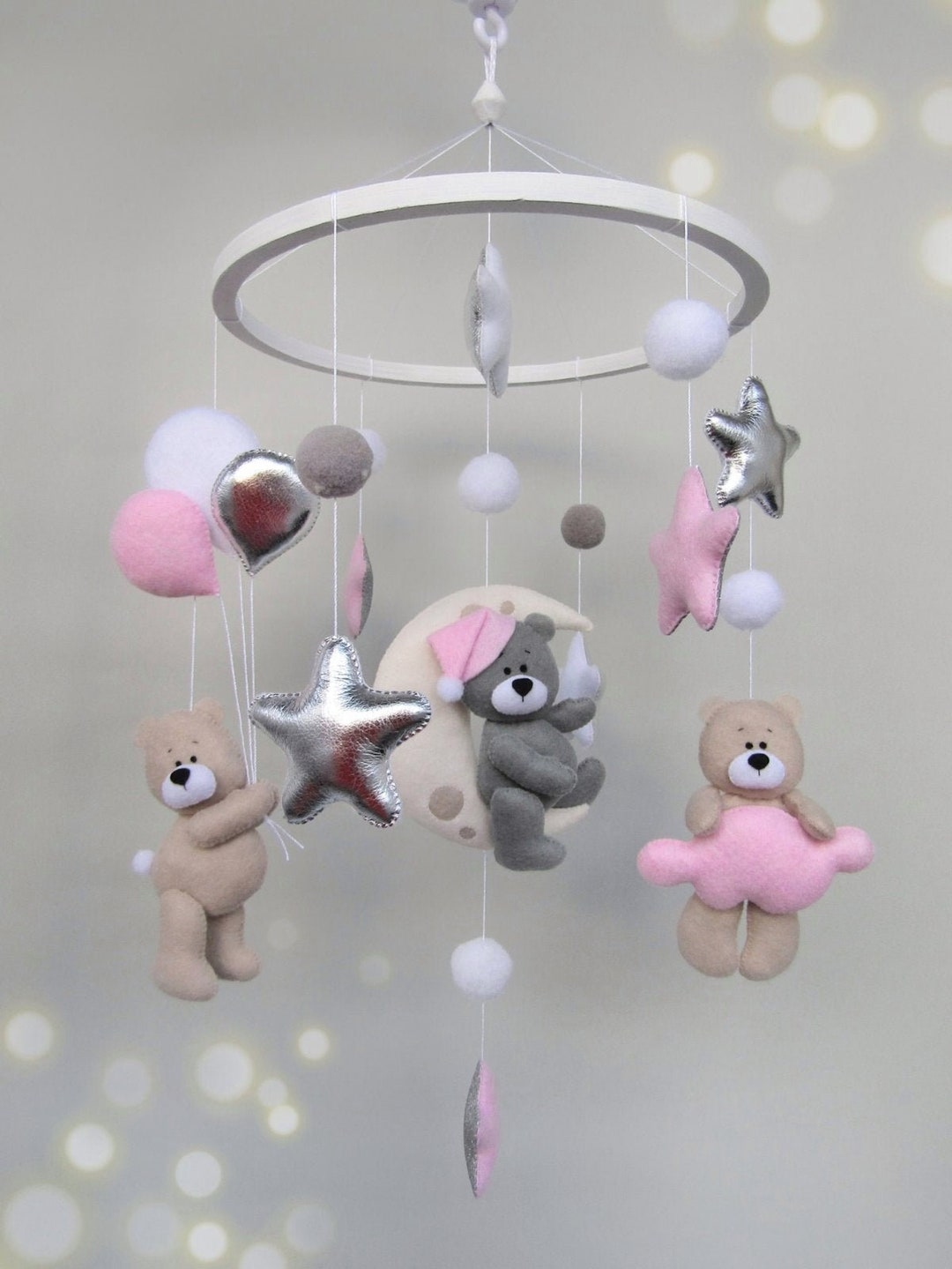 Baby Girl Crib Mobile With Bears Gray and Beige, Pink Cloud, Stars ...