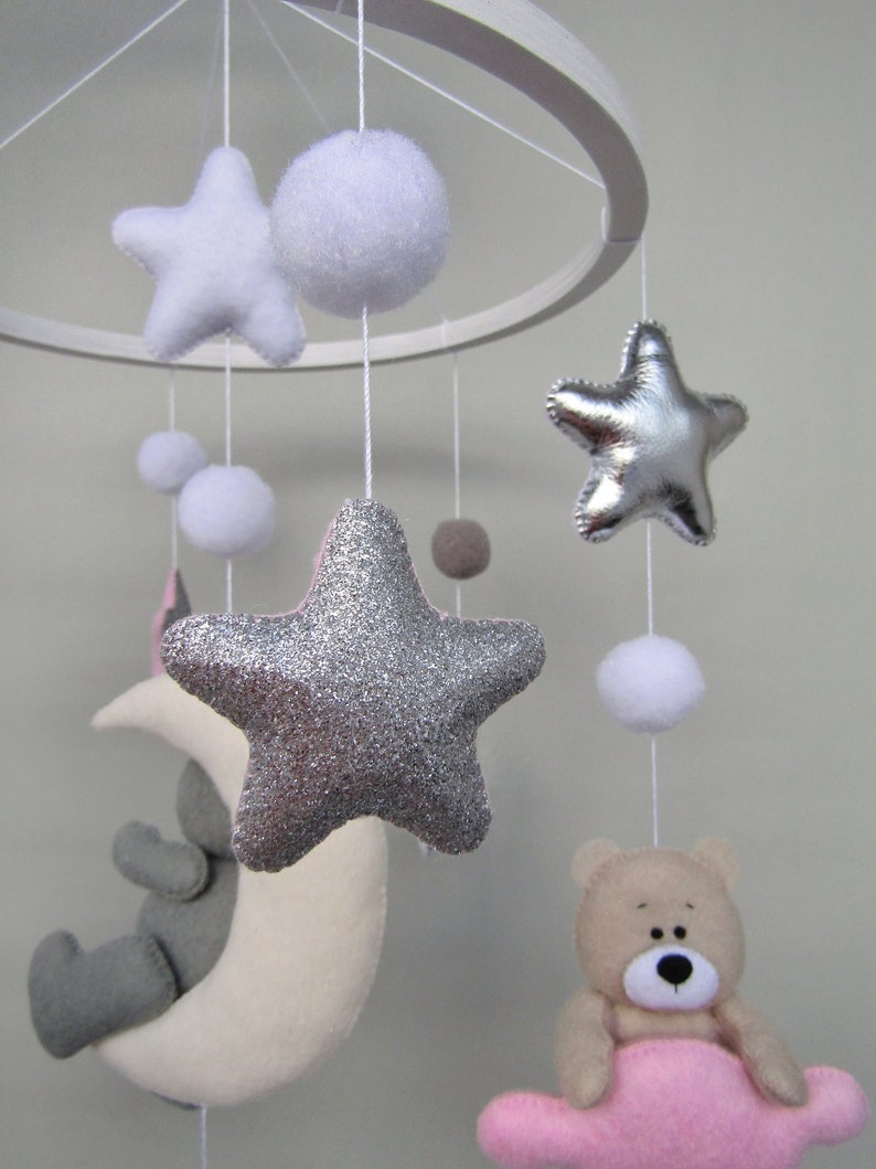 Baby girl crib mobile with bears gray and beige pink cloud | Etsy