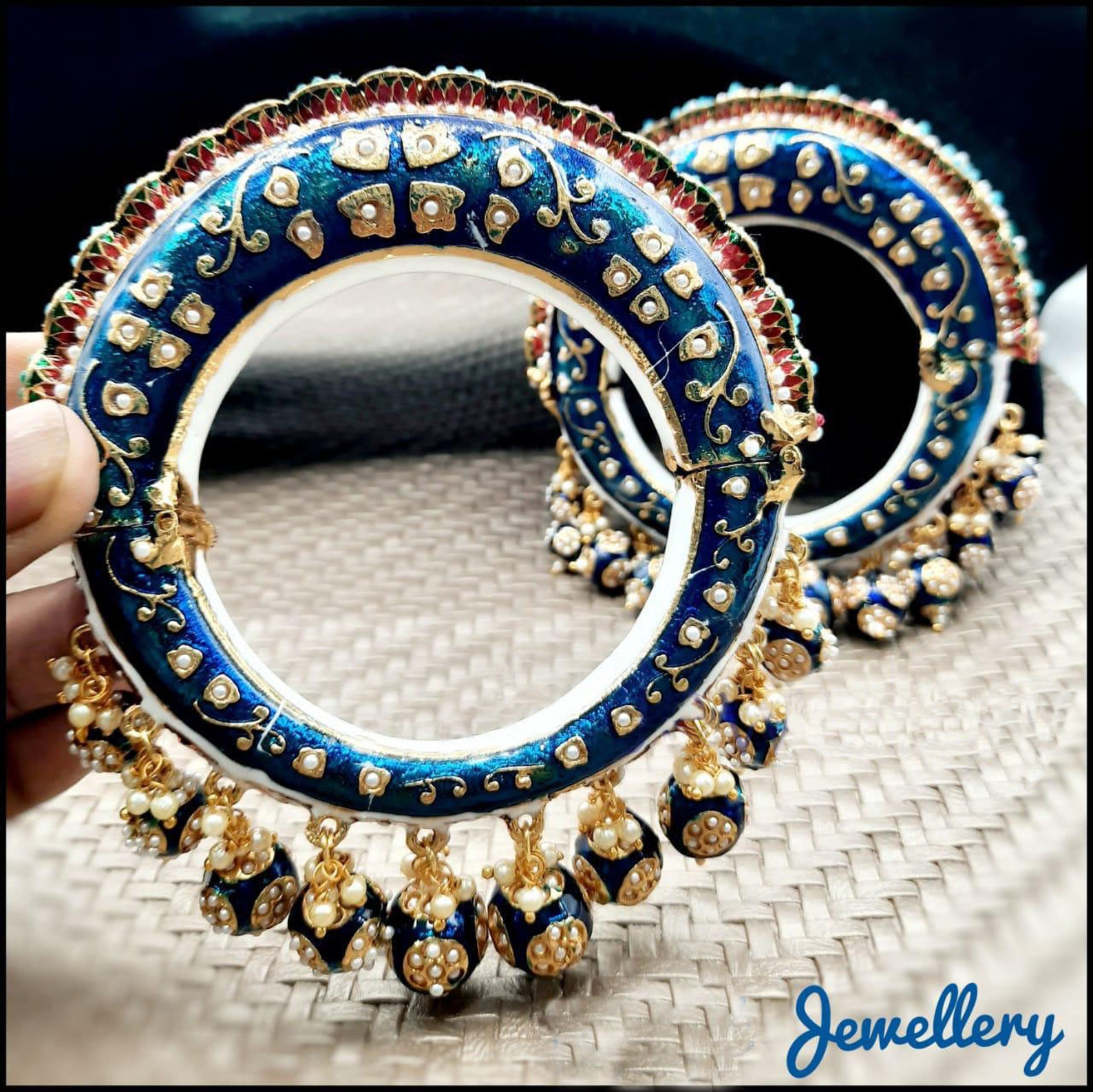 Buy Bollywood Gold Plated Bridal Enameled Blue Chuda Bangle Handmade ...