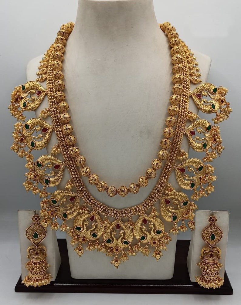 Bollywood Style Gold Plated Long Haram Necklace Earrings Jhumka Temple ...