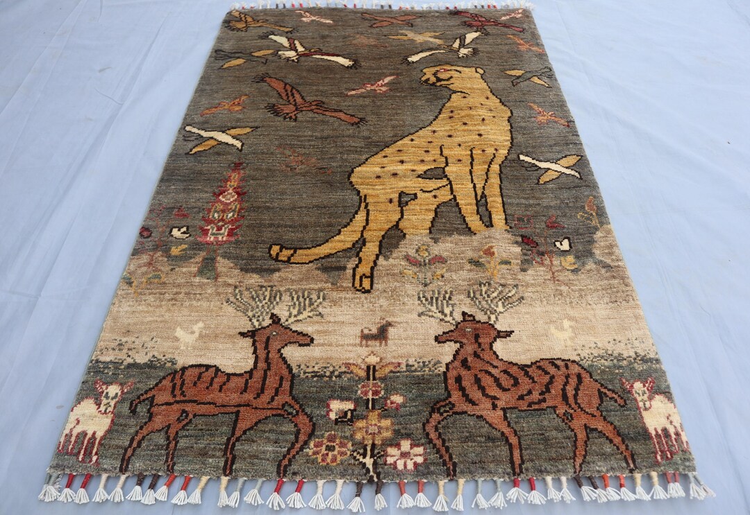 3x4 Ft Pictorial Hunting Scene Rug, One of a Kind Afghan Handmade Wool ...