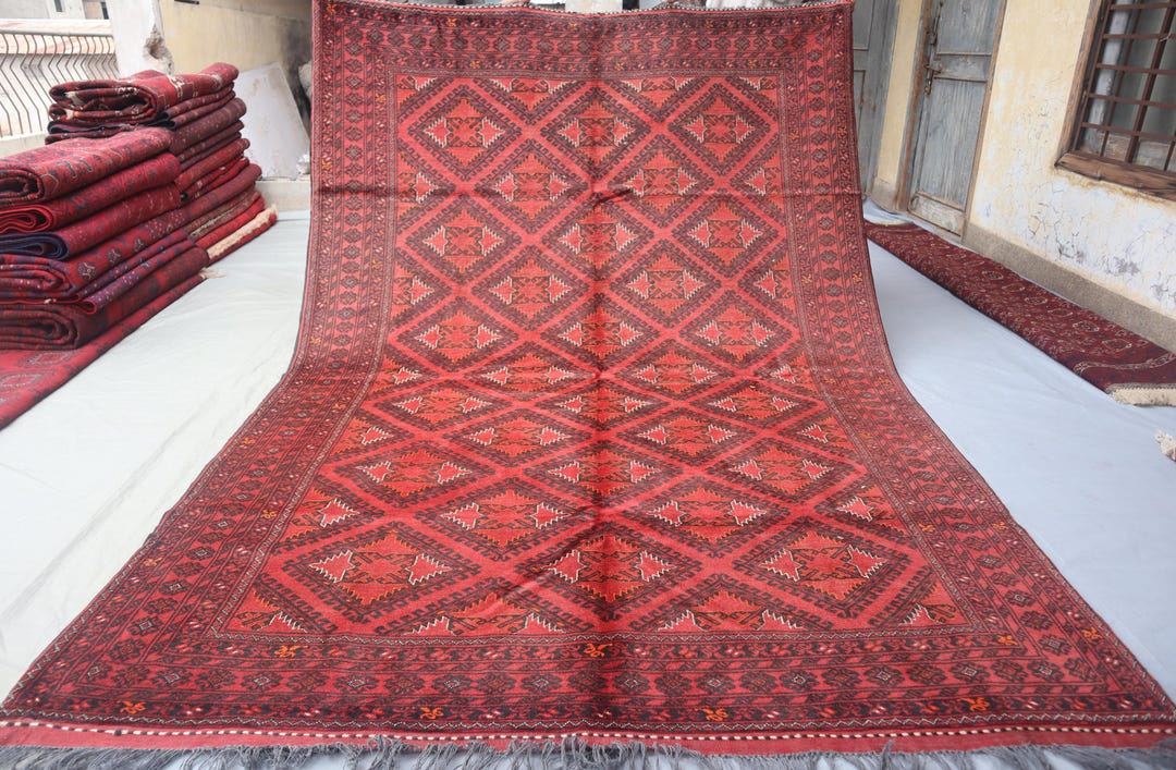 7x10 Ft Red Afghan Tribal Rug, Vintage Fine Turkmen Hand Knotted Veg ...