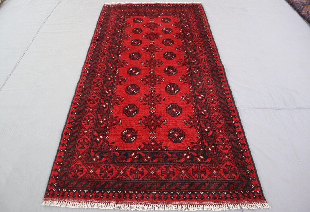 3'4x6'4 Ft Red Mowri Rug, Turkmen Tribal Rug, Afghan Handmade High Pile ...