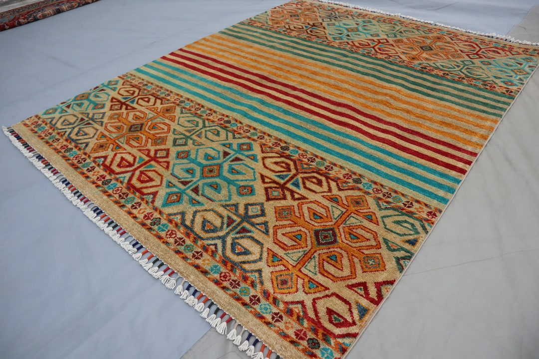 5x6 Tribal Area Rug, Vintage Afghan Handmade Wool Oriental Rug, Turkmen ...