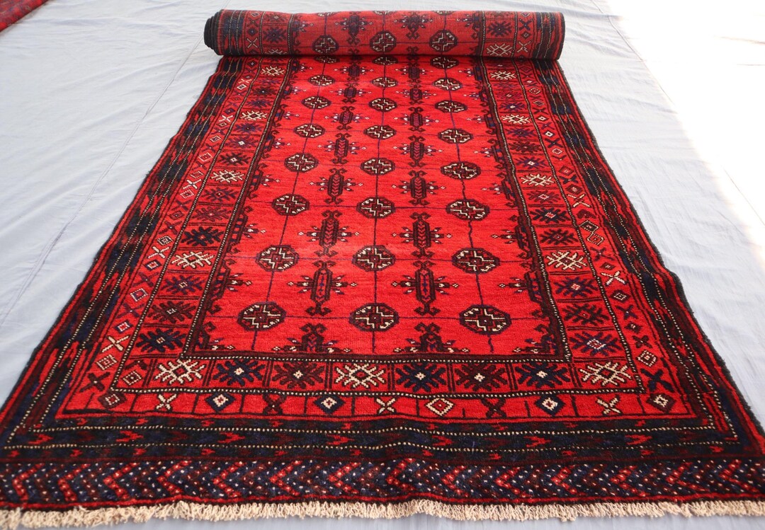3'6x12'3 Ft Afghan Runner Rug, 1970s Antique Red Rug, Handmade Wool Rug ...