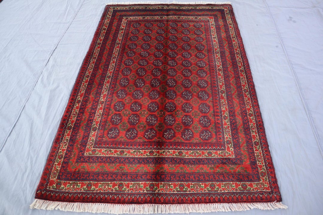 Afghan Red Rug 3x5 Ft, Vintage Pattern Red Shaped Handmade Wool Rug ...