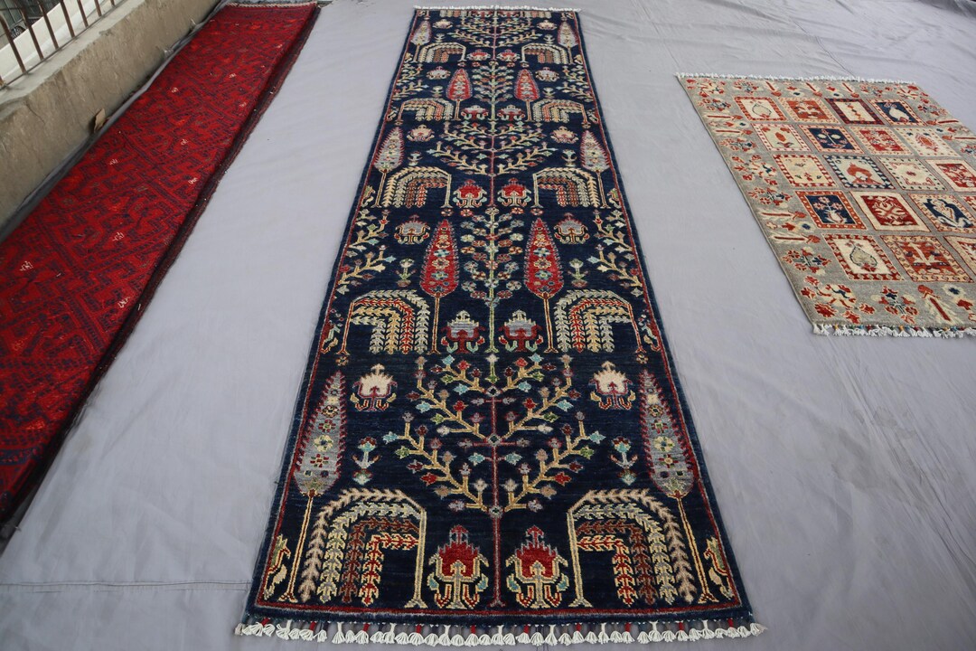10 Ft Navy Blue Tree of Life Runner Rug, Afghan Hand Knotted Pictorial ...