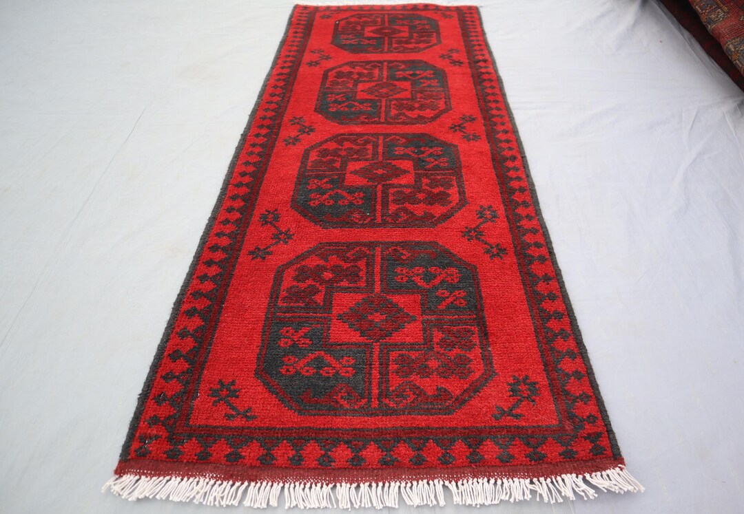 2x5 Afghan Bukhara Mini Runner Rug 50x150 Cm Hand Knotted Wool Red Rug ...