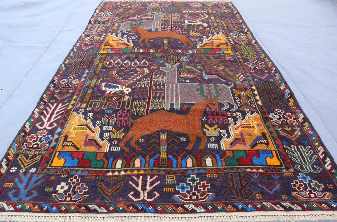 3'9x6'5 Ft Afghan Pictorial Rug Turkmen Handmade Wool Rug, Hunting ...