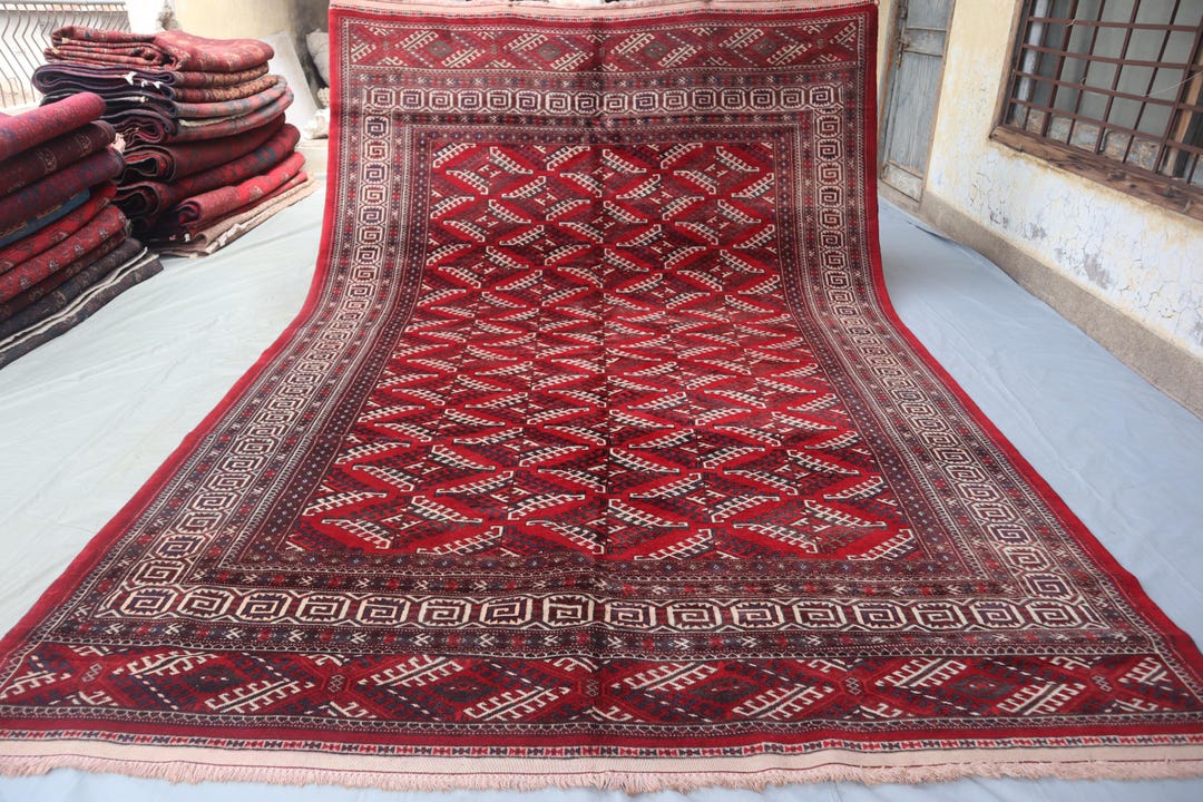 Vintage Red Rug 7'9x11'4 Ft Turkmen Bukhara Rug/ High Pile Handmade ...
