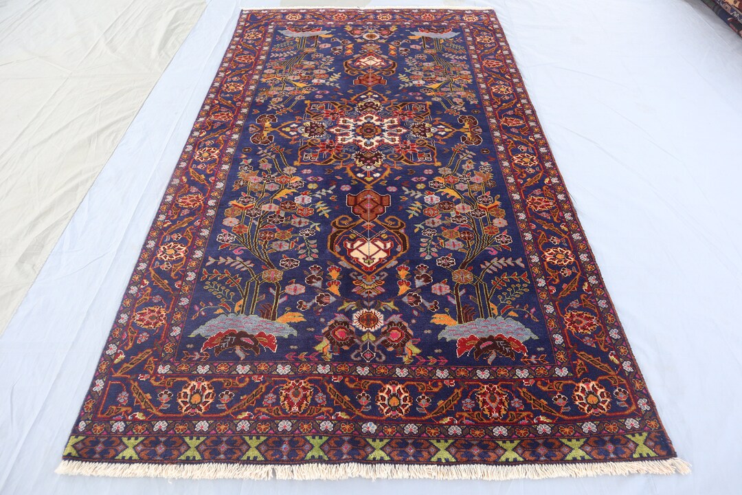 4x7 Ft Navy Blue Afghan Rug, Turkmen Handmade High Pile Soft Authentic ...