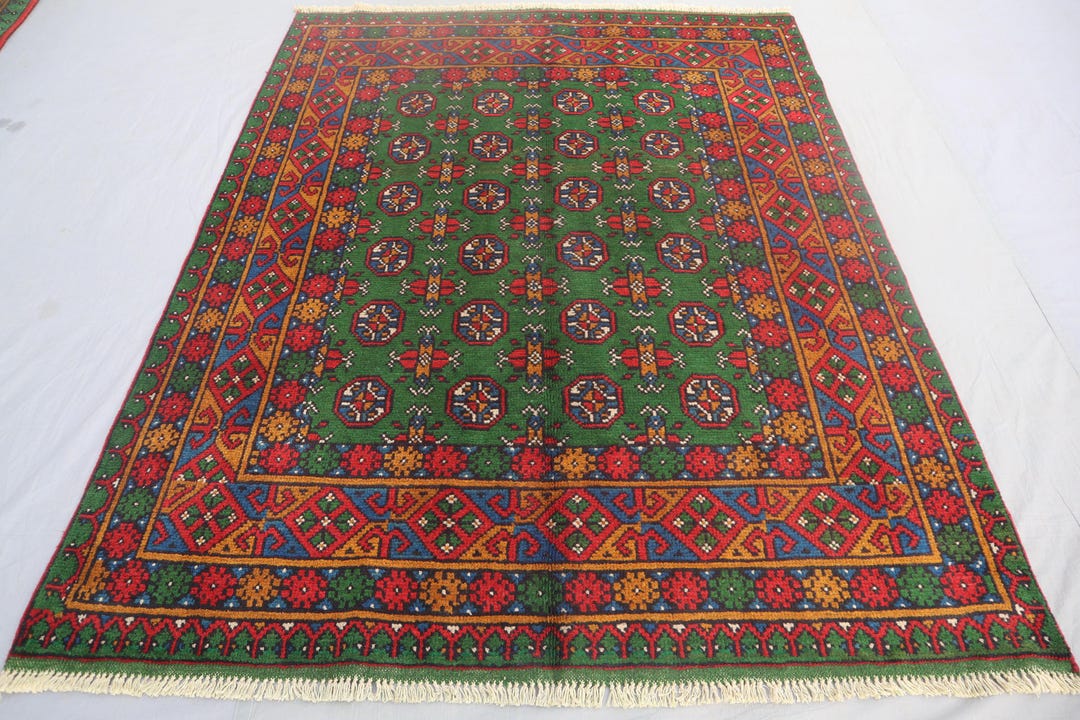 5x6 Afghan Bukhara Rug- Handmade Soft Wool Rug- Turkmen Tekke Mowri Gul ...