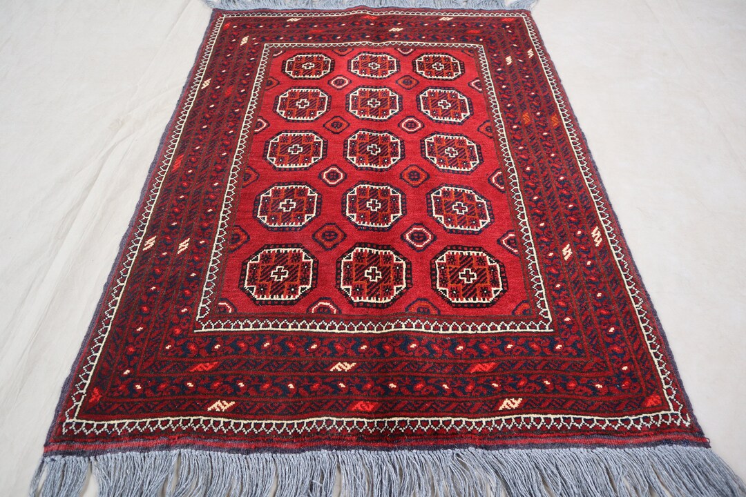 2'5x3'2 Handmade Afghan Rug | Red Turkmen Waziri Rug | Rare Colors ...