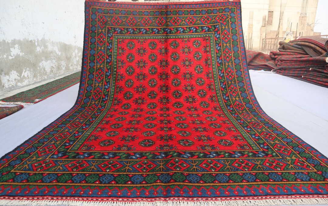 5'4x7'9 Afghan Bukhara Rug Handmade Wool 100% Red Rug/ Vintage Turkmen ...
