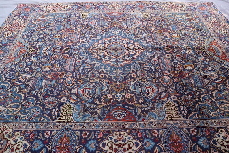 9'5x12'9 Ft Animal Birds Pictorial Rug - Floral Navy Blue Rug - Large ...