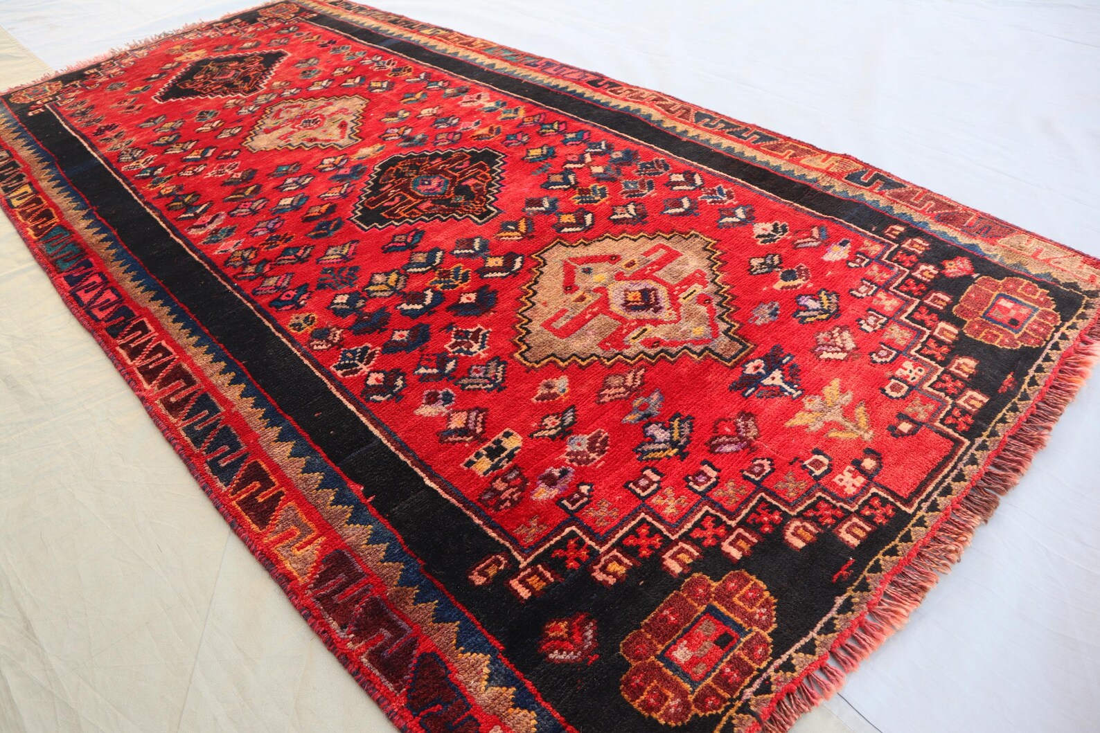 3x5 Ft Antique Caucasian Rug Turkmen Tribal Medallion Red Rug, Vintage ...
