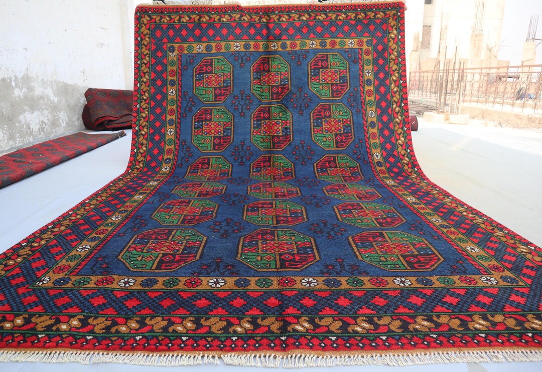 6'4x9'8 Ft Navy Blue Turkmen Bukhara Rug/ Afghan Vintage Handmade Plush ...