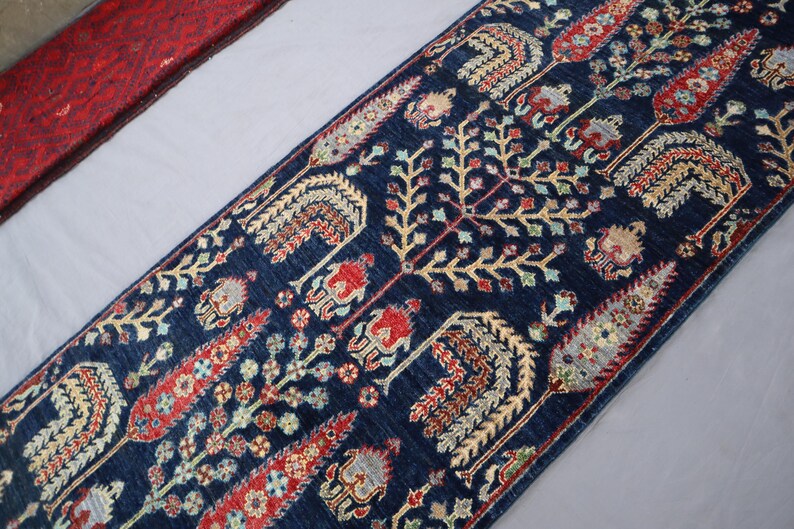 10 Ft Navy Blue Tree of Life Runner Rug, Afghan Hand Knotted Pictorial ...