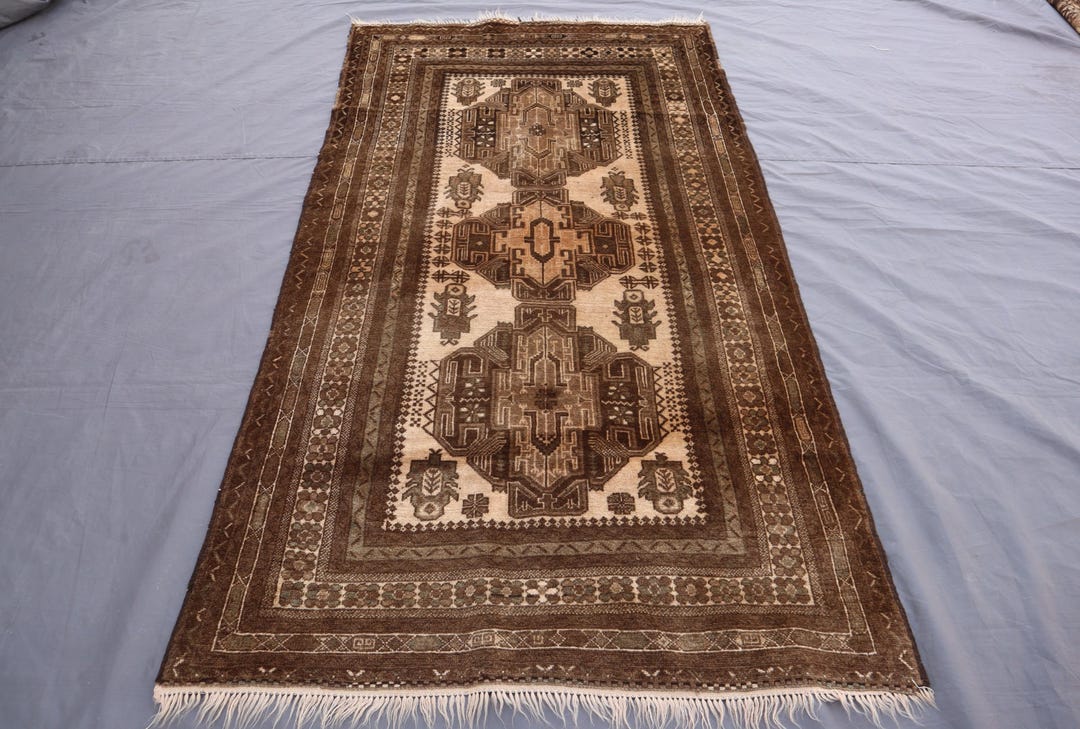 3'8x6'6 Ft Antique 1950s Rug/ Beige Terracotta Geometric Rug/ Afghan ...