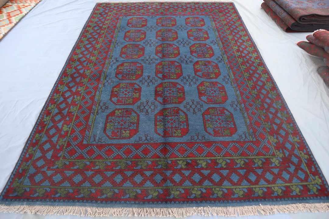 Blue Bukhara Rug 7x10 Ft, Afghan Handmade Wool Area Rug, Traditional ...