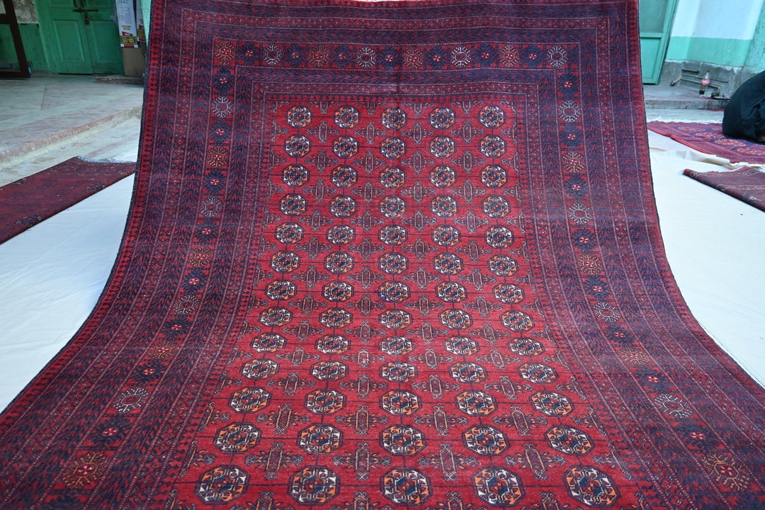 6.6 X 9.4 Antique Afghan Bukhara Rug, Turkmen Handmade Wool Mowri Gul ...