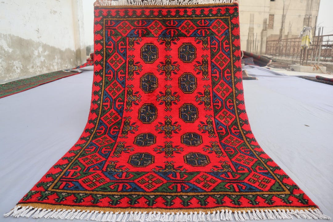 2'6x3'9 Ft Red Bukhara Rug Afghan Hand Knotted High Pile Wool Area Rug ...